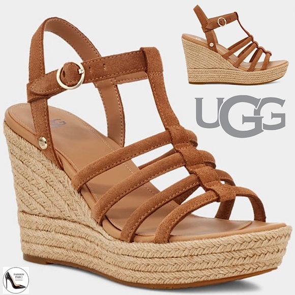 UGG | Shoes | Ugg Cressida Chestnut Suede Espadrille Sandal Brown Tan Ankle Strap Wedge Pump 7 ...